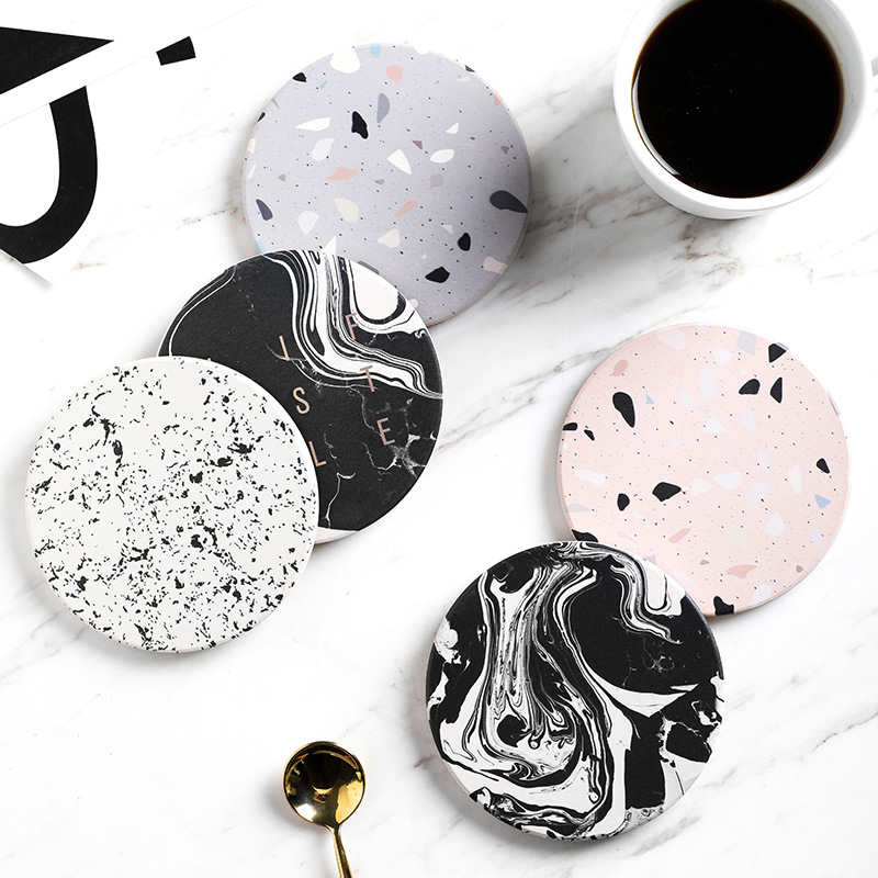 Fancy Coffee Terrazzo Effect Ceramic Coaster with Contrast Golden Color ...